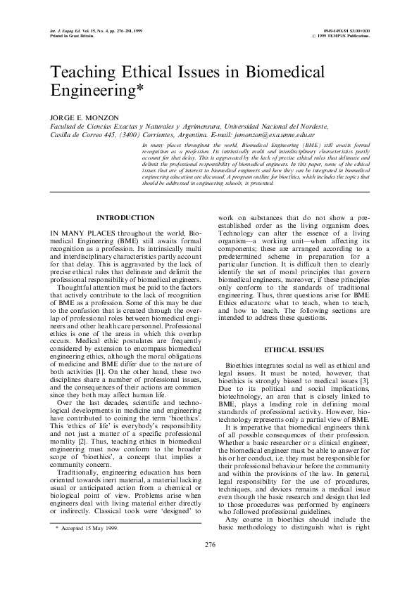 (PDF) Teaching Ethical Issues in Biomedical Engineering