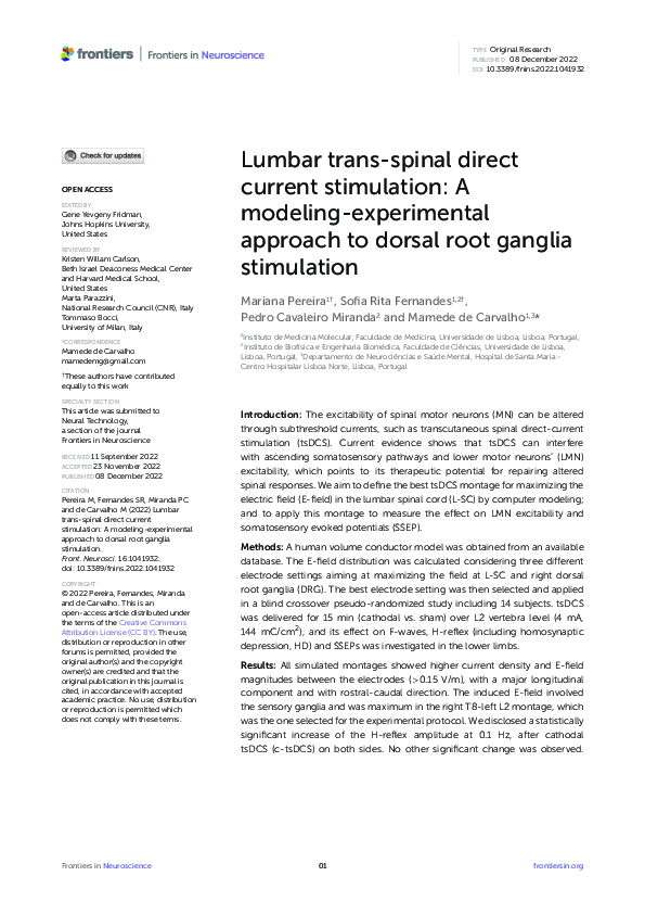 (PDF) Lumbar trans-spinal direct current stimulation: A modeling-experimental approach to dorsal ...