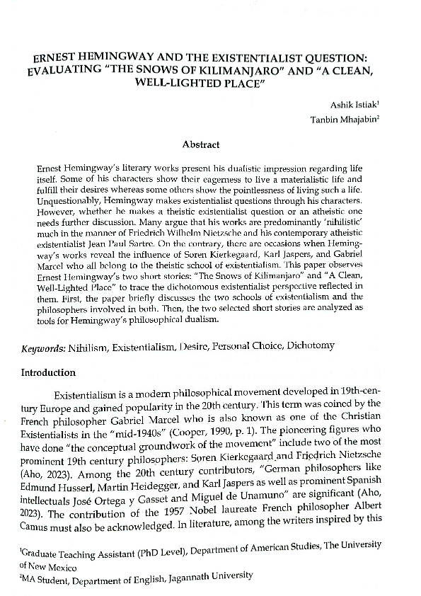 (PDF) Ernest Hemingway and the Existentialist Question: Evaluating “The ...