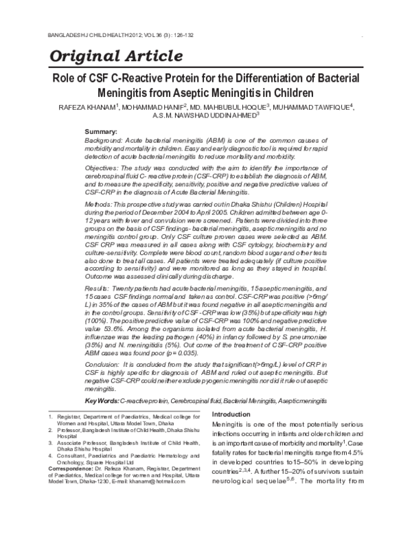 (PDF) Role of CSF C-Reactive Protein for the Differentiation of ...