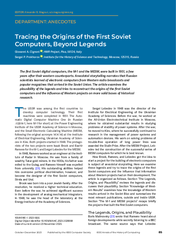 (PDF) Tracing the Origins of the First Soviet Computers, Beyond Legends