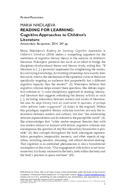 (PDF) Maria Nikolajeva Reading for Learning: Cognitive Approaches to Children’s Literature