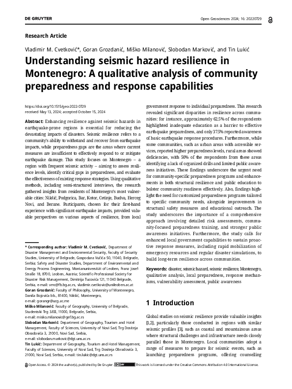 (PDF) Understanding seismic hazard resilience in Montenegro: A qualitative analysis of community ...