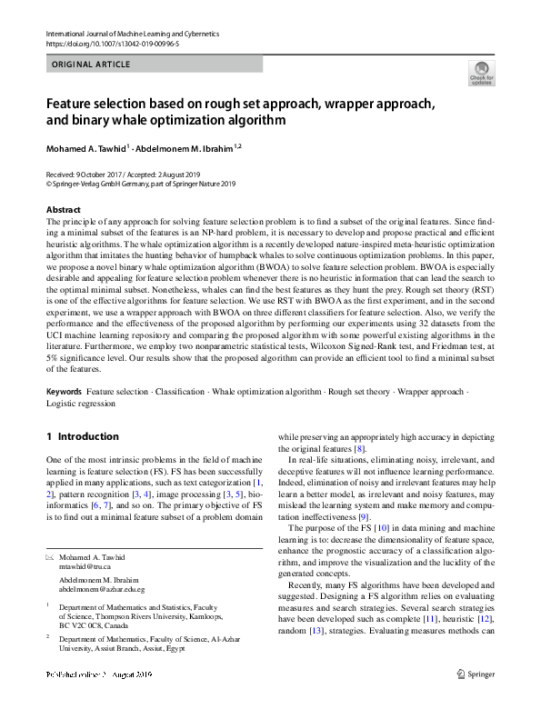 (PDF) Feature selection based on rough set approach, wrapper approach, and binary whale ...