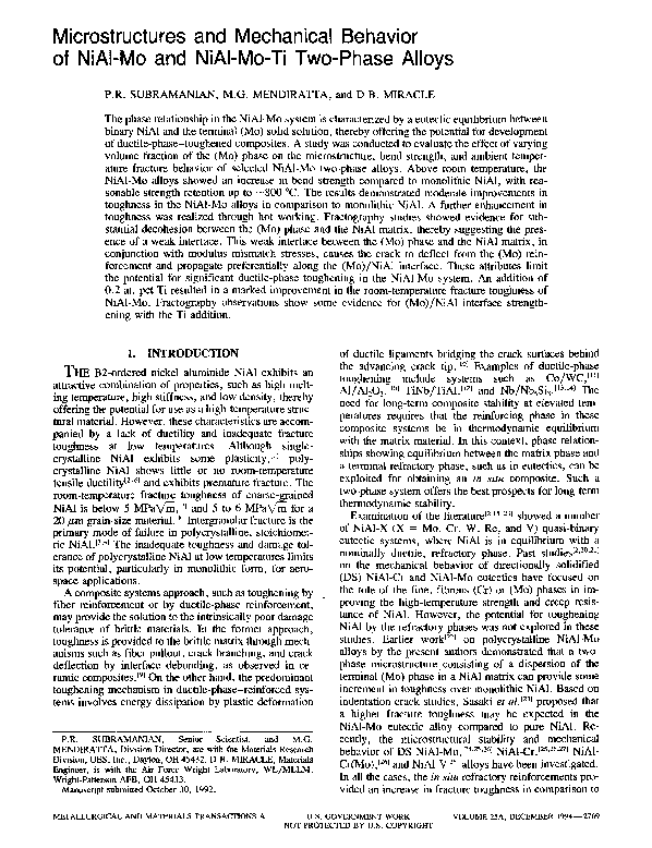 (PDF) Microstructures and mechanical behavior of NiAl-Mo and NiAl-Mo-Ti two-phase alloys | P.R ...