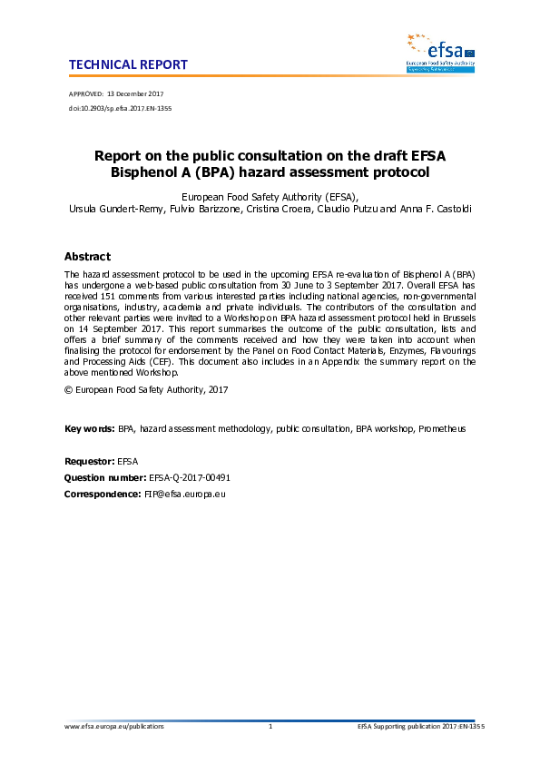 (PDF) Report on the public consultation on the draft EFSA Bisphenol A ...