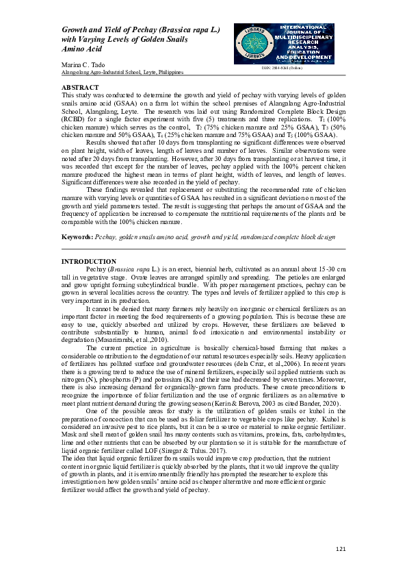 (PDF) Growth and Yield of Pechay (Brassica rapa L.) with Varying Levels ...