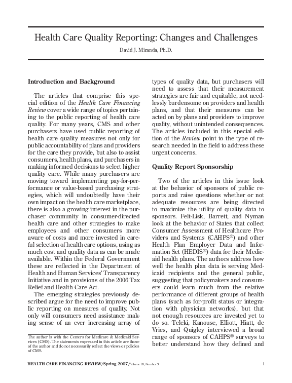 (PDF) Health Care Quality Reporting: Changes and Challenges