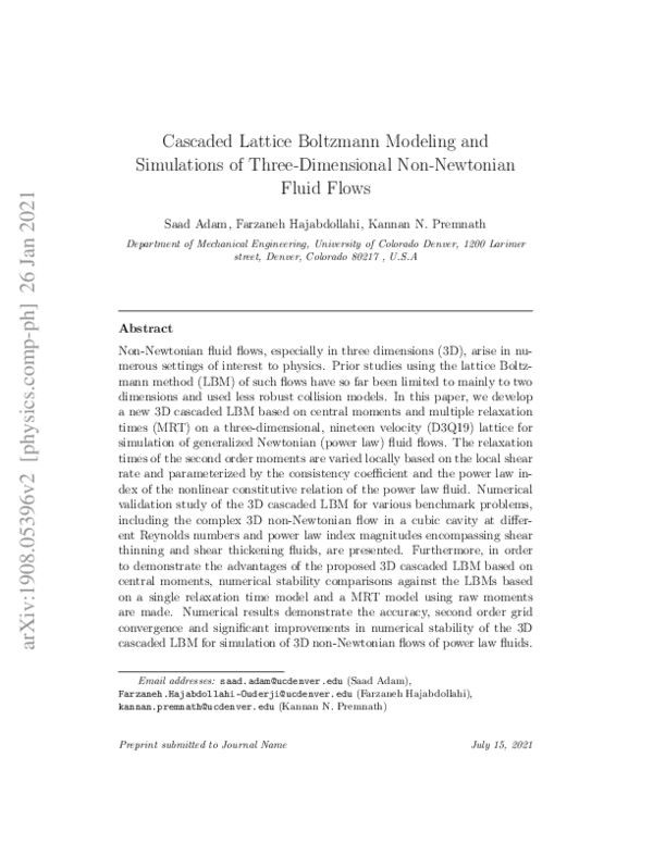 (PDF) Cascaded lattice Boltzmann modeling and simulations of three-dimensional non-Newtonian ...