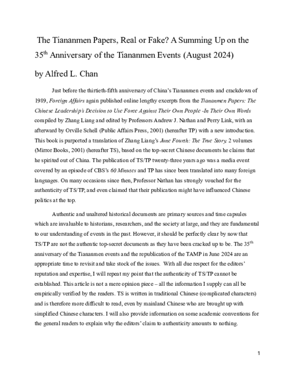 (PDF) Are the Tiananmen Papers Real or Fake A Summing Up on the 35th ...