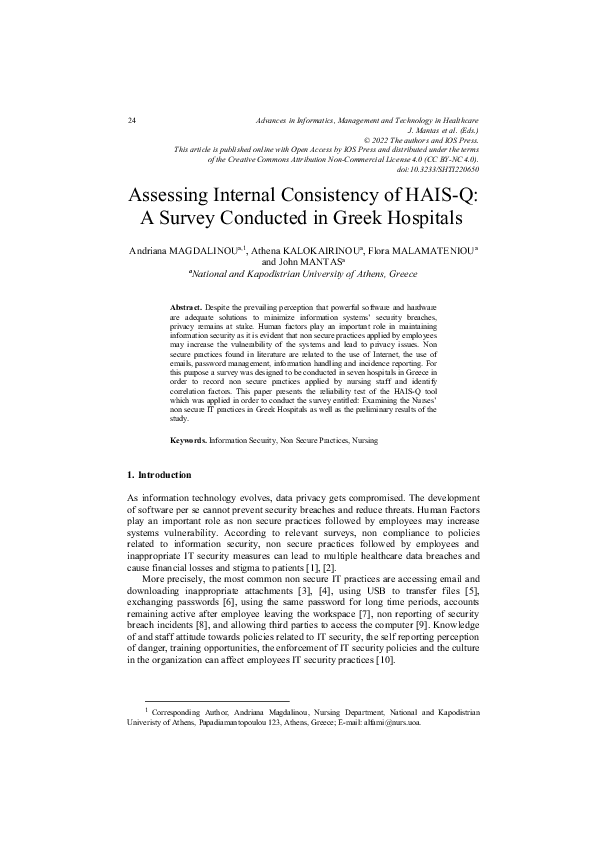 (PDF) Assessing Internal Consistency of HAIS-Q: A Survey Conducted in ...