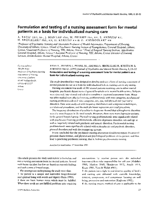 (PDF) Formulation and testing of a nursing assessment form for mental ...