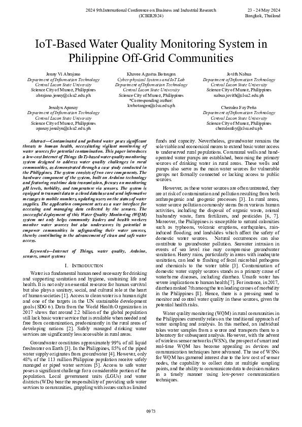 (PDF) IoT-Based Water Quality Monitoring System in Philippine Off-Grid Communities