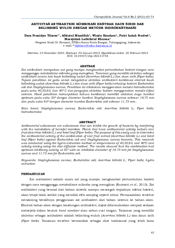 (PDF) AKTIVITAS ANTIBAKTERI KOMBINASI EKSTRAK DAUN SIRIH DAN BELIMBING ...
