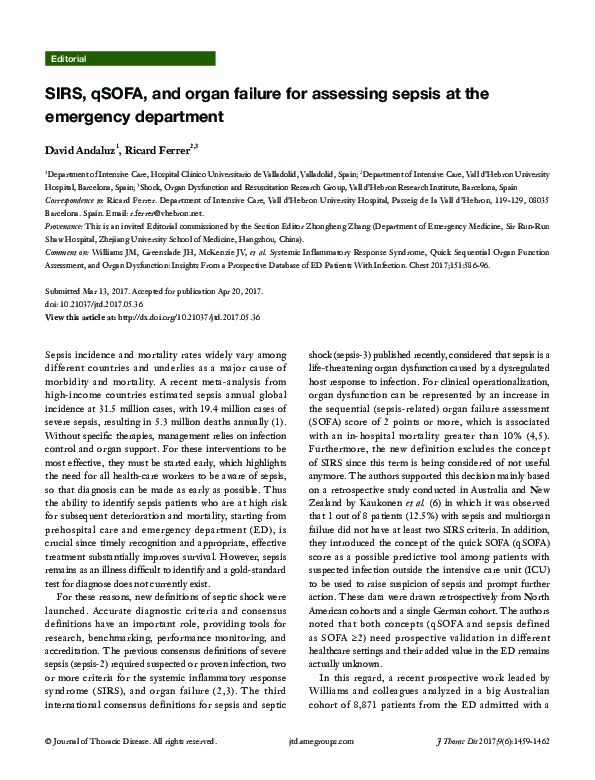 (PDF) SIRS, qSOFA, and organ failure for assessing sepsis at the ...