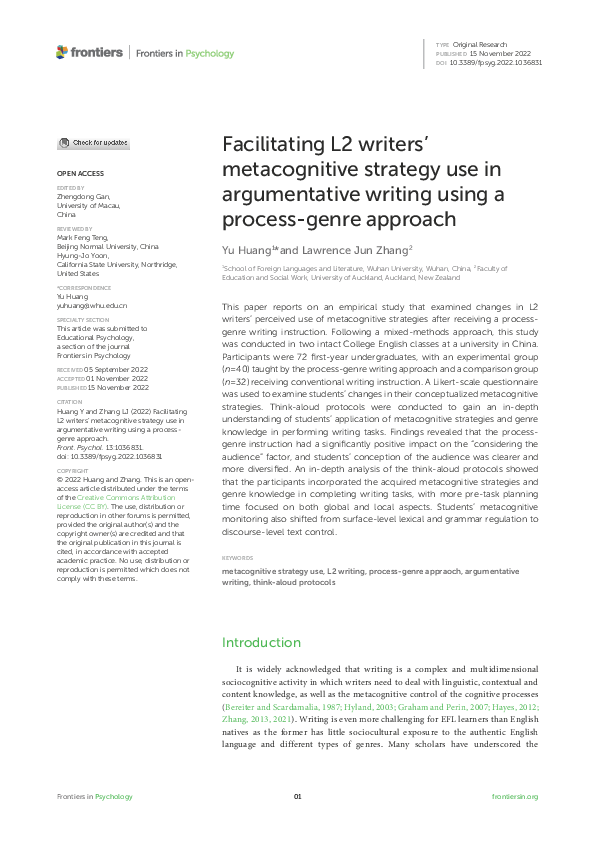 Pdf Facilitating L2 Writers Metacognitive Strategy Use In Argumentative Writing Using A