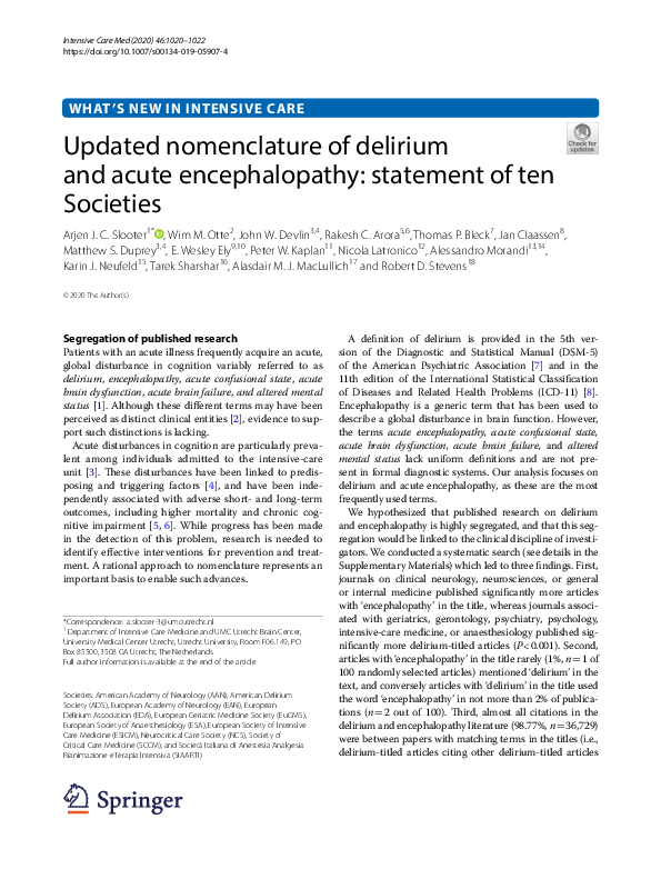 (PDF) Updated nomenclature of delirium and acute encephalopathy ...