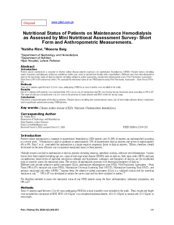 (PDF) Nutritional Status of Patients on Maintenance Hemodialysis as ...