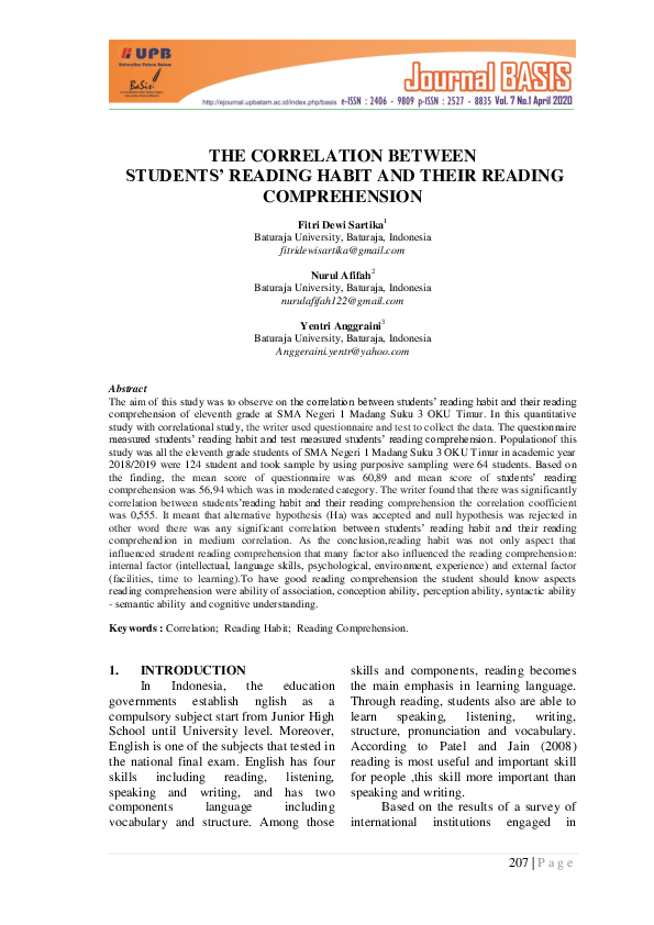 (PDF) Correlation Between Students’ Reading Habit and Their Reading Comprehension