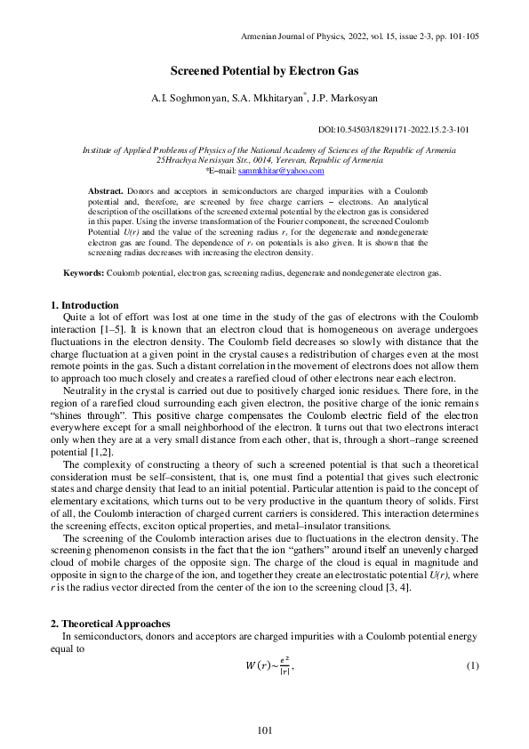 (PDF) Screened Potential by Electron Gas