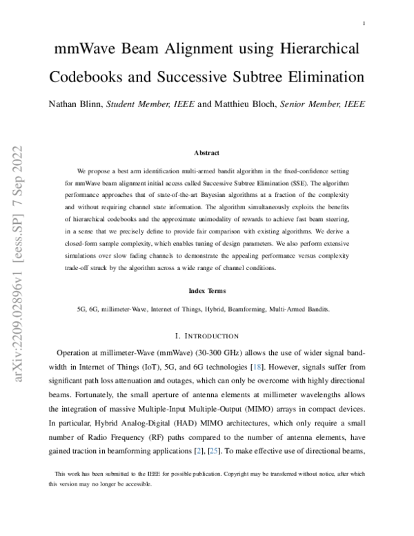 (PDF) mmWave Beam Alignment using Hierarchical Codebooks and Successive Subtree Elimination ...