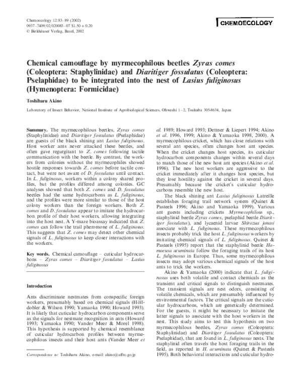 (PDF) Chemical camouflage by myrmecophilous beetles Zyras comes ...