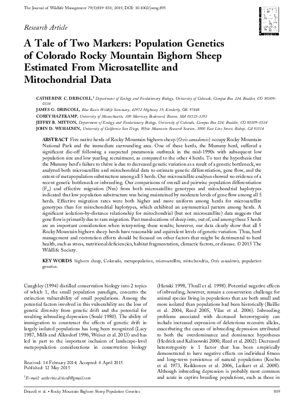 (PDF) A tale of two markers: Population genetics of colorado rocky ...