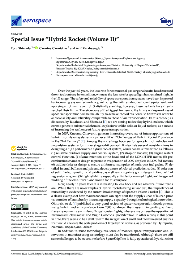 (PDF) Special Issue “Hybrid Rocket (Volume II)”