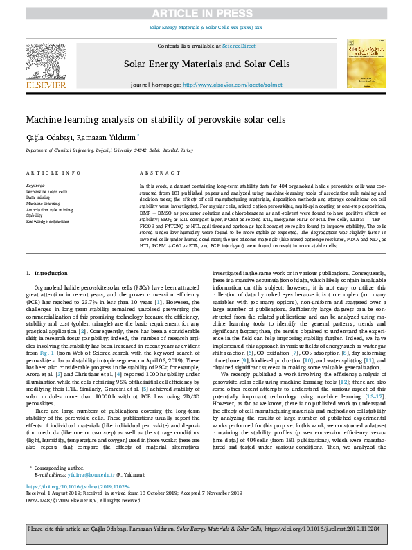 (PDF) Machine learning analysis on stability of perovskite solar cells