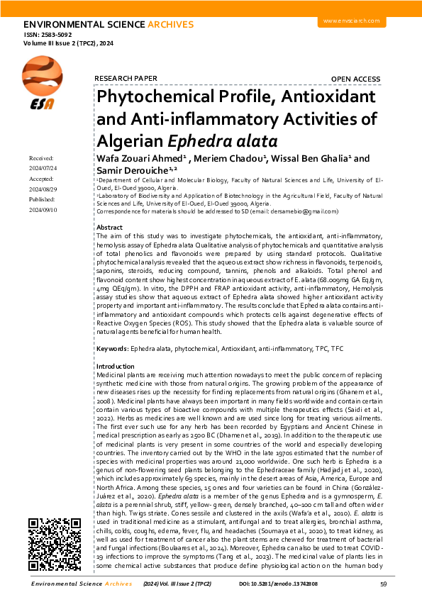 (PDF) Phytochemical Profile, Antioxidant and Anti-inflammatory Activities of Algerian Ephedra alata