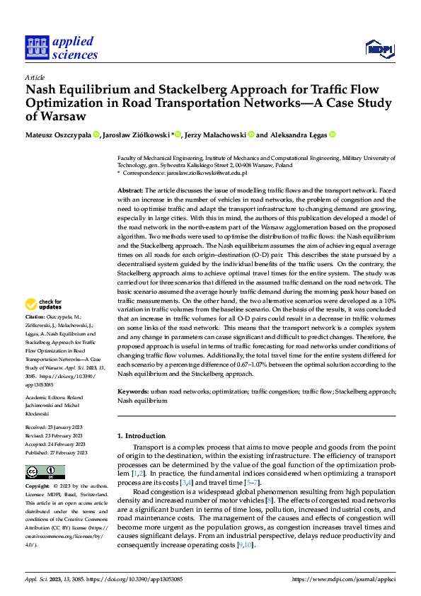 (PDF) Nash Equilibrium and Stackelberg Approach for Traffic Flow Optimization in Road ...
