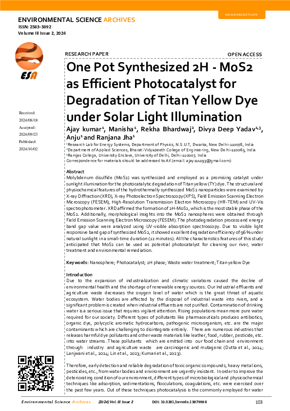 (PDF) One Pot Synthesized 2H - MoS2 as Efficient Photocatalyst for ...