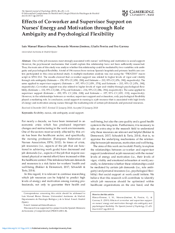 (PDF) Effects of Co-worker and Supervisor Support on Nurses’ Energy and ...