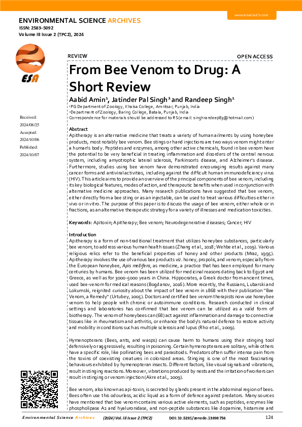 (PDF) From Bee Venom to Drug: A Short Review