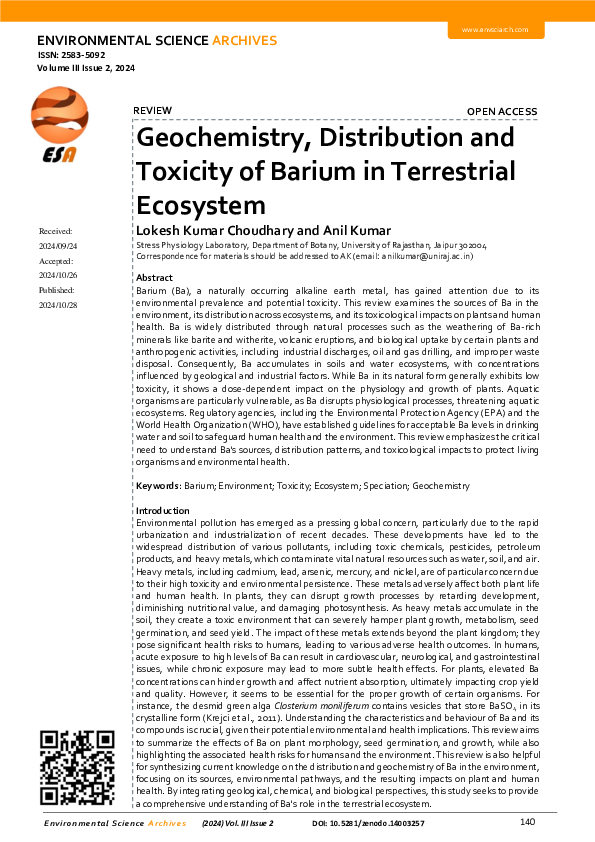 (PDF) Geochemistry, Distribution and Toxicity of Barium in Terrestrial ...