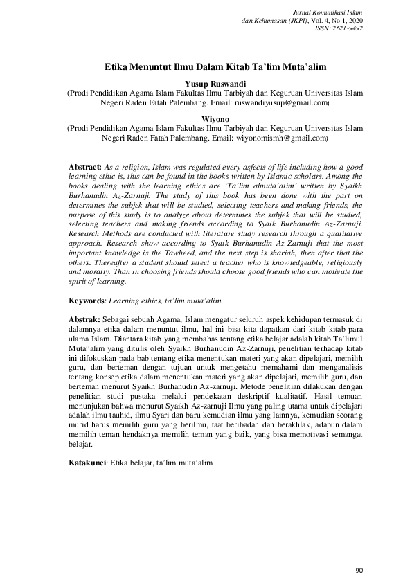 (PDF) Etika Menuntut Ilmu Dalam Kitab Ta’lim Muta’alim