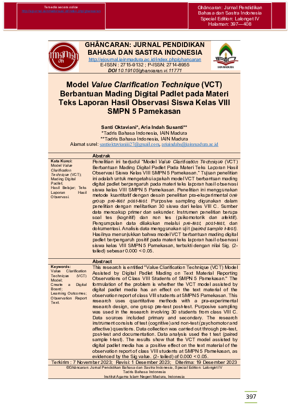 (PDF) Model Value Clarification Technique (VCT) Berbantuan Mading Digital Padlet pada Materi ...
