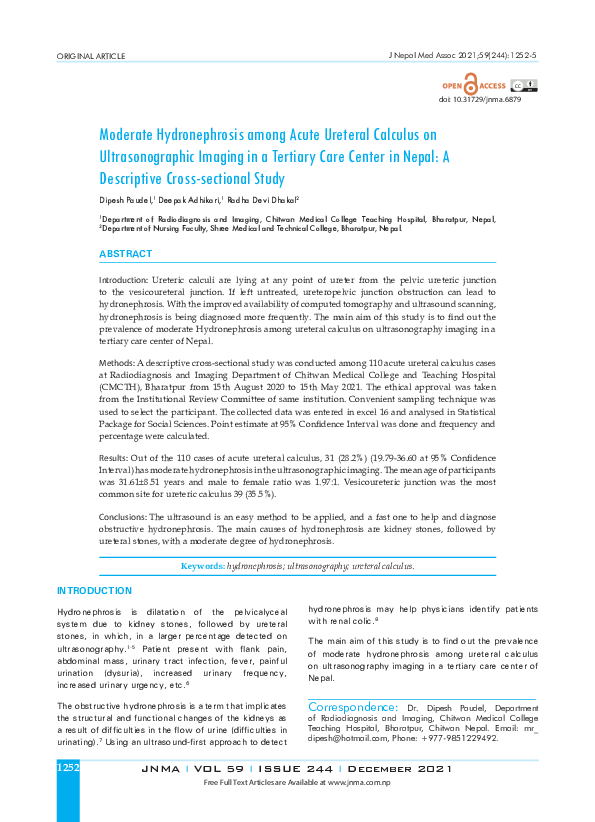 (PDF) Moderate Hydronephrosis among Acute Ureteral Calculus on ...