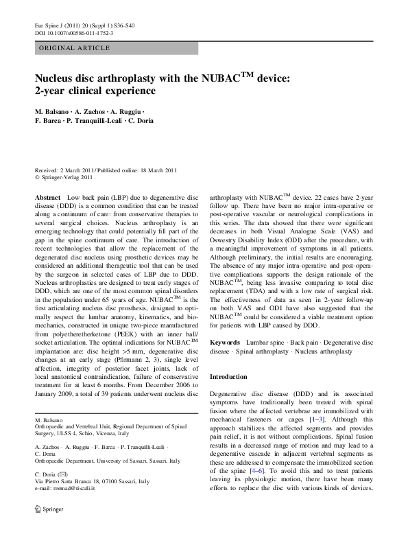 (PDF) Nucleus disc arthroplasty with the NUBAC™ device: 2-year clinical ...