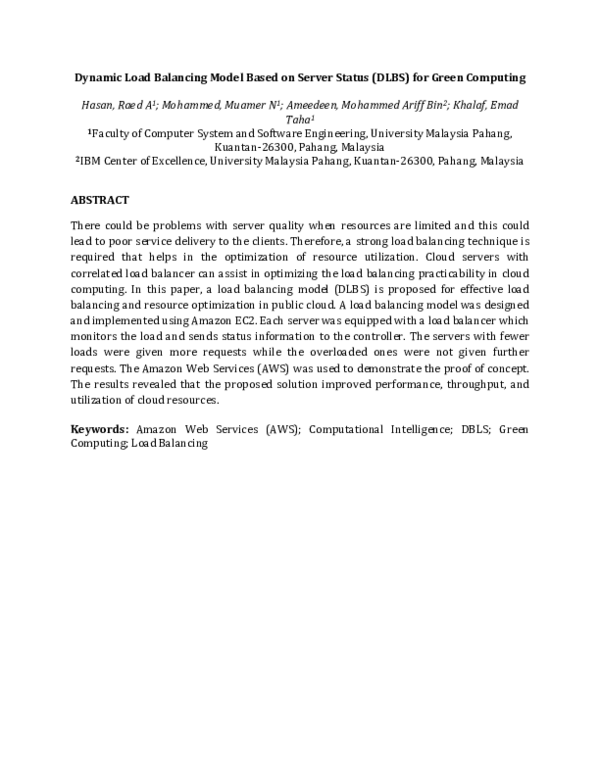 (PDF) Dynamic Load Balancing Model Based on Server Status (DLBS) for Green Computing | Raed A ...