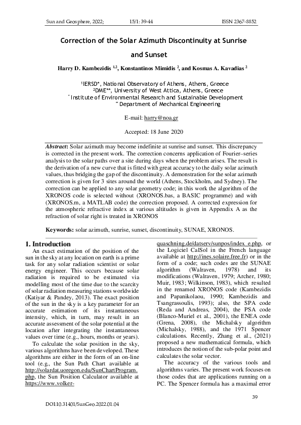 (PDF) Correction of the Solar Azimuth Discontinuity at Sunrise and Sunset