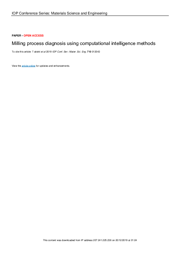 (PDF) Milling process diagnosis using computational intelligence methods