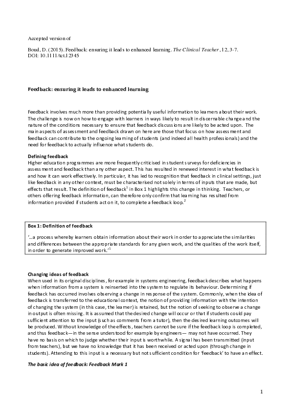 (PDF) Feedback: ensuring that it leads to enhanced learning | David ...