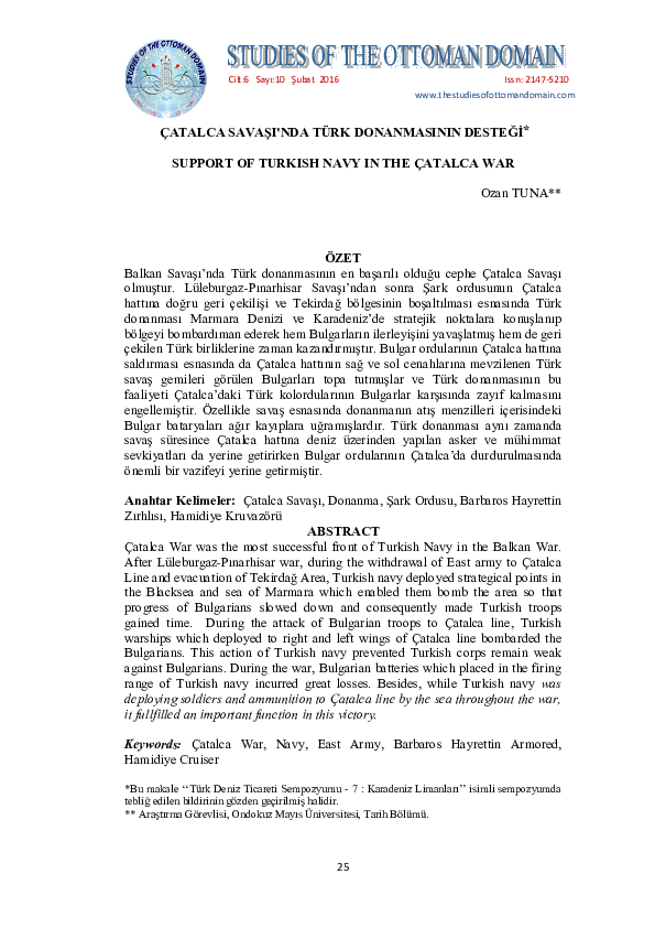 (PDF) Çatalca Savaşı'nda Türk Donanmasının Desteği