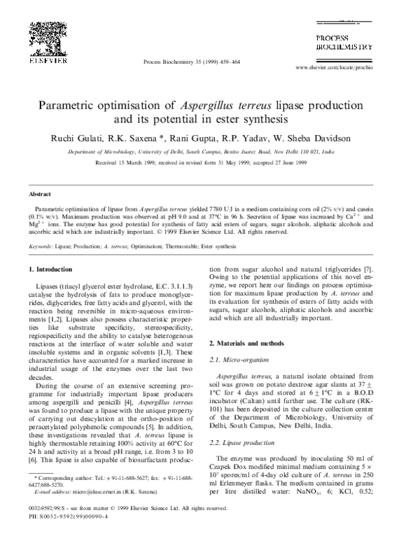 (PDF) Parametric optimisation of Aspergillus terreus lipase production and its potential in ...
