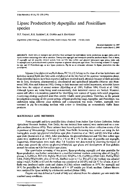 (PDF) Lipase production byAspergillus andPenicillium species