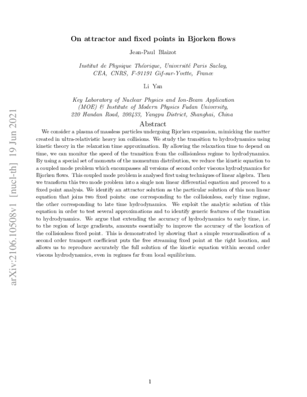 (PDF) Attractor and fixed points in Bjorken flows | Jean-Paul Blaizot ...