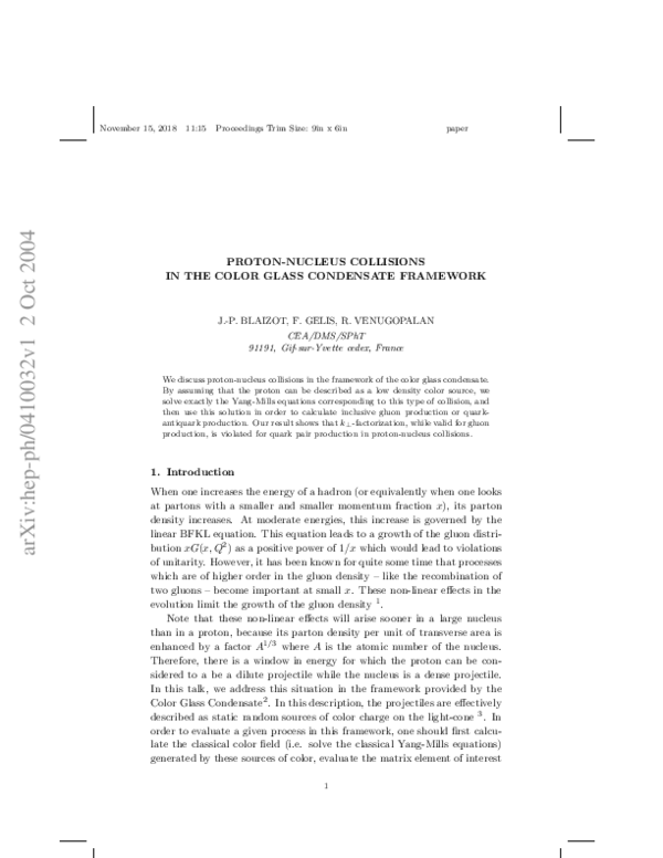 (PDF) Proton-Nucleus Collisions in the Color Glass Condensate Framework