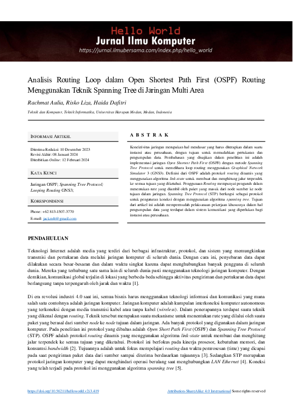 Pdf Analisis Routing Loop Dalam Open Shortest Path First Ospf Routing Menggunakan Teknik