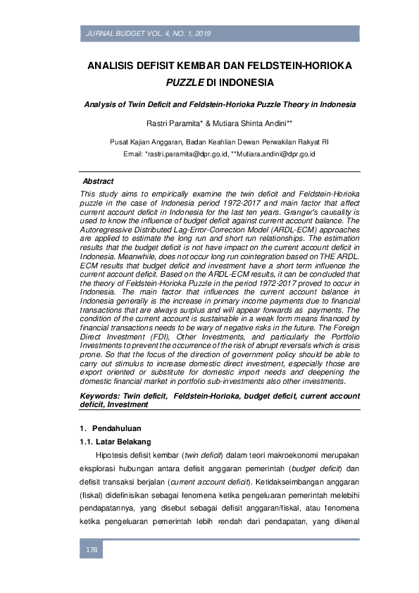 (PDF) Analisis Defisit Kembar Dan Feldstein-Horioka Puzzle DI Indonesia